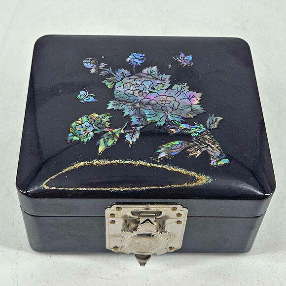 Storage & Organization | Vintage Black Lacquered Inlaid Abalone Floral ...